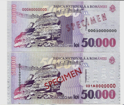 ROMANIA 50000 LEI P-109 1996 & 2000 UNC SPECIMEN 2 Pcs Romanian RARE ...