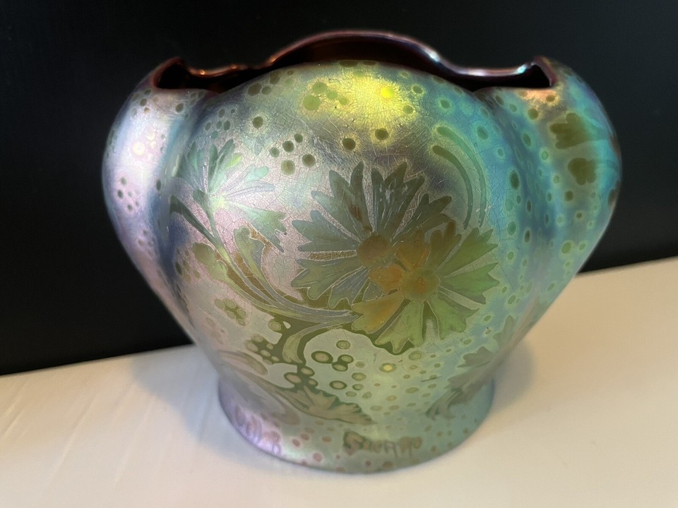 Antique WELLER SICARD POTTERY VASE 1900’s Art NOUVEAU IRIDESCENT Purple ...