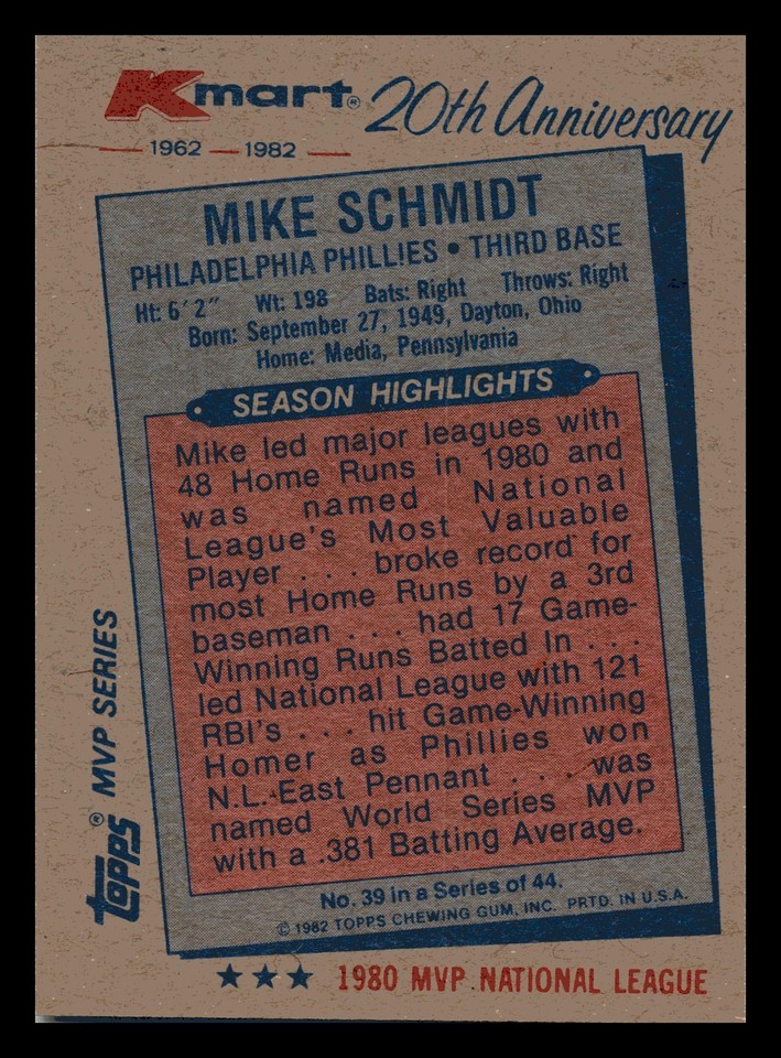 1982 Topps Kmart 20th Anniversary Mike Schmidt HOF #39 NM-MINT | eBay