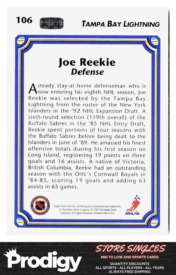 Joe Reekie 1992-93 Upper Deck Hockey #106 Tampa Bay Lightning | eBay