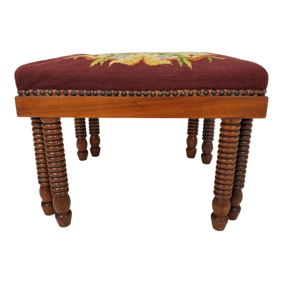 Antique English Oak Needlepoint Ottoman Foot Stool Bench Seat Bobbin ...