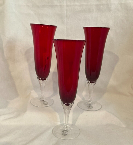 3 Colony Saturn Ruby Red Champagne Flutes Twisted Stems Flared Trumpet ...