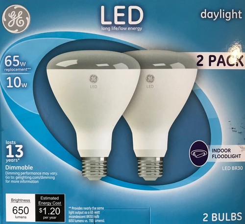 2 GE 65-Watt BR30 "Daylight Bright" LED Floodlight Bulbs - 650 Lumens ...