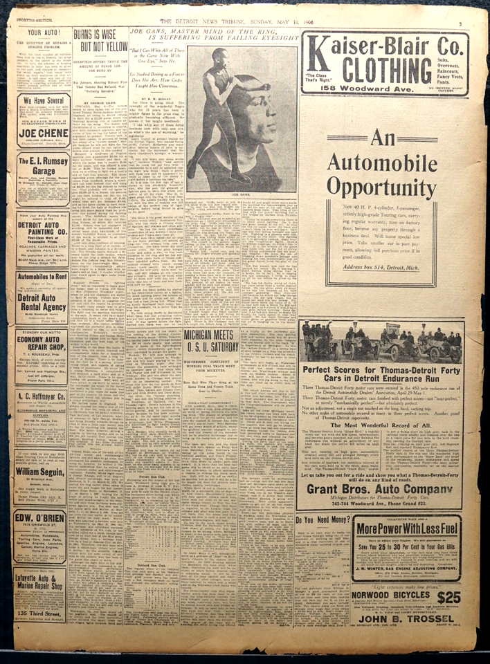 1908 Detroit Sports Page - Joe Gans is Suffering From Failing Eyesight ...