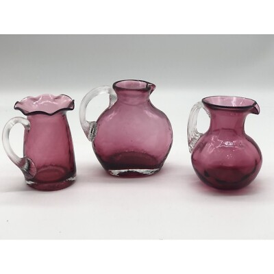 Three Vintage Small Pilgrim Cranberry Glass Pitchers With Clear Applied ...