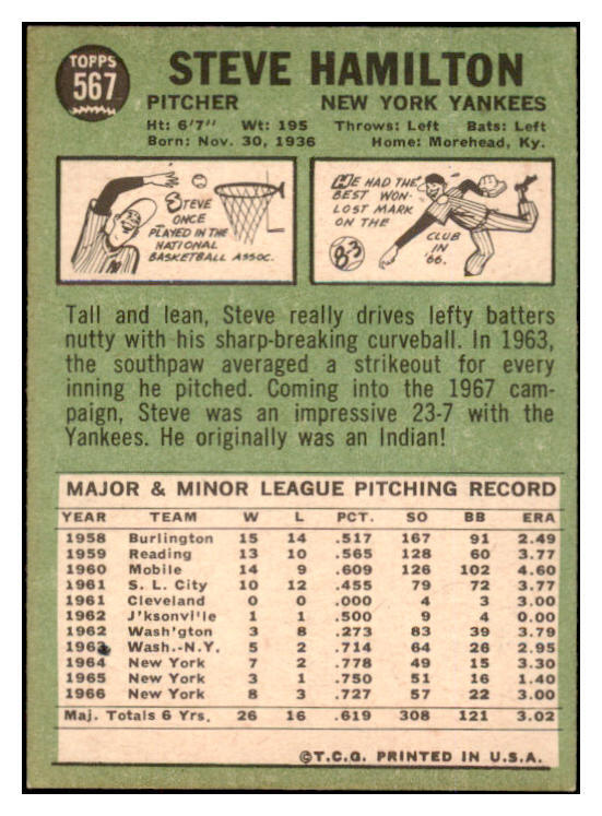 1967 TOPPS #567 STEVE HAMILTON YANKEES EX-MT 499559 (KYCARDS) | eBay
