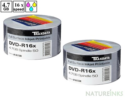 100 Traxdata Full INKJET Printable Blank DVD-R 16x DVD Discs 4.7GB 120 ...