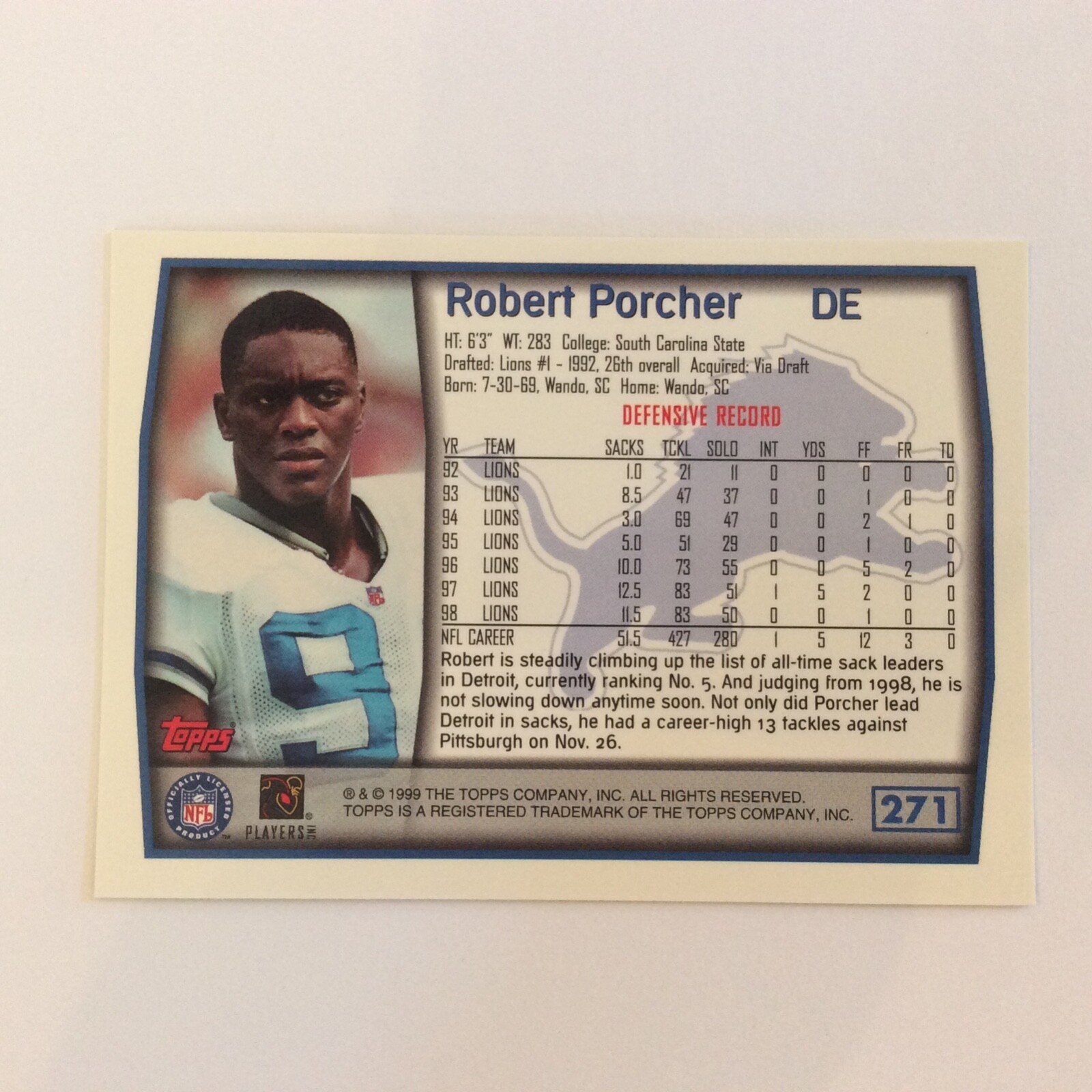 1999 Topps Football Card #271 Robert Porcher Detroit Lions | eBay