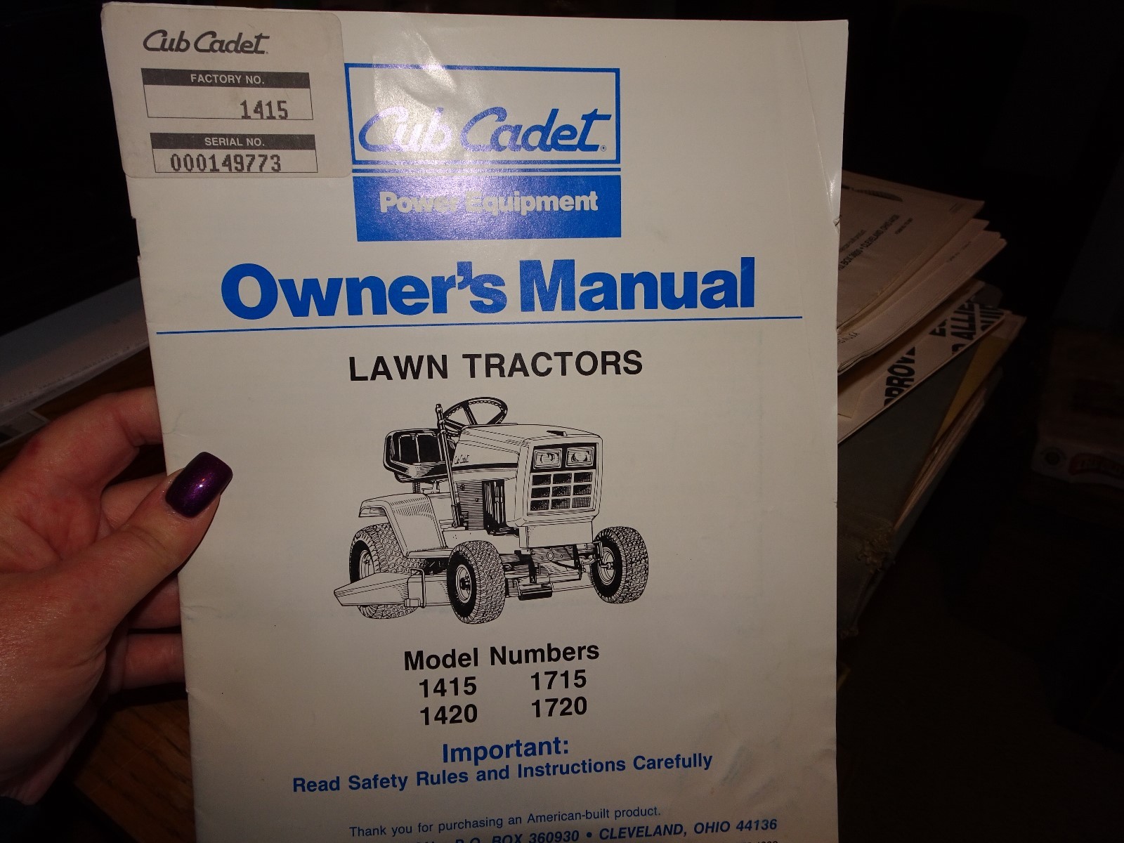 Cub Cadet 1415 1420 1715 1720 Lawn Tractor Owners Manual Book 772-4002 ...
