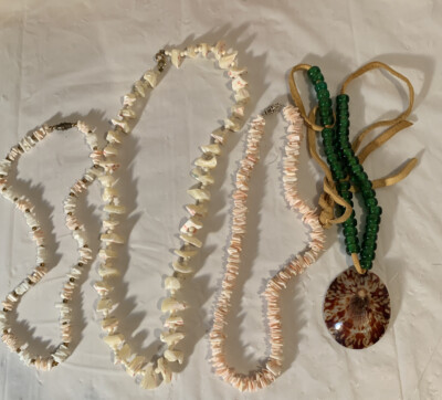 4 White Shell Beaded Hippie Surfer Choker Necklace Seashell Green glass ...