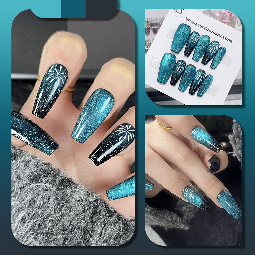 10PCS Handmade False Nail Blue Cat's Eye Coffin Press on Nails for ...