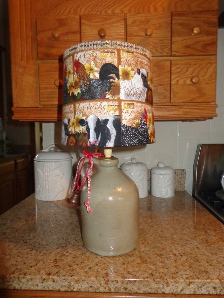 Antique Stoneware Jug Lamp/Country Cabin/Cow,Sheep,Hen Shade/Folk Art ...