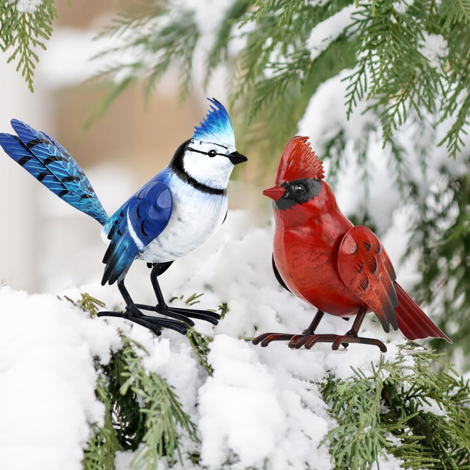 Metal Cardinal & Blue Jay Statue Sculpture Red Bird Art Decor Home ...