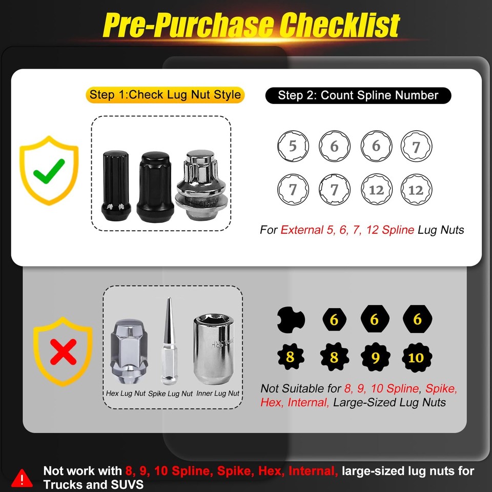 8Pcs Spline Lug Nut Socket Set | 5, 6, 7, 12 Spline Locking Lug Nut Key ...