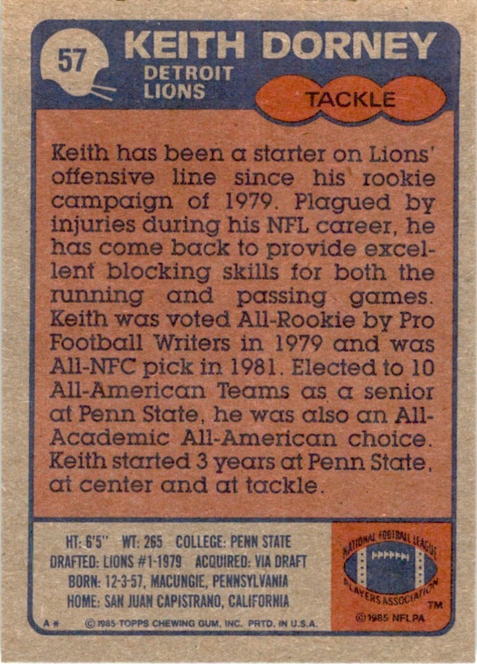 1985 TOPPS KEITH DORNEY DETROIT LIONS #57 | eBay