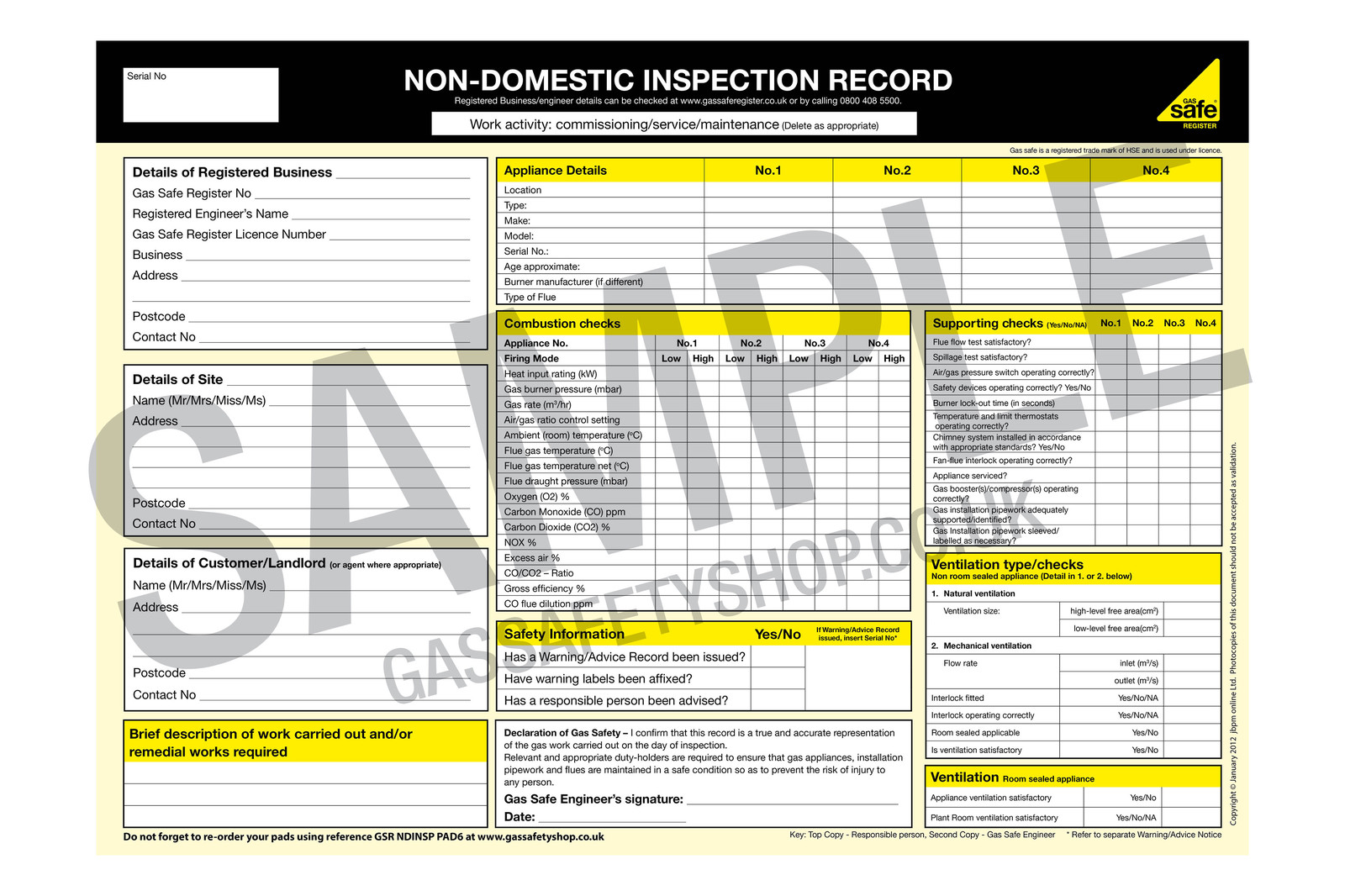 Gas Safe - Non Domestic Inspection Record - pad6 | eBay UK