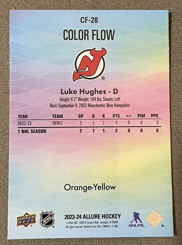 Luke Hughes 2023-24 Upper Deck Allure Color Flow Orange Yellow SP ...