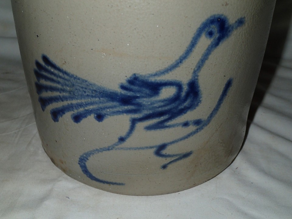 ANTIQUE PRIMITIVE USA STONEWARE BLUE BIRD CROCK WHITES UTICA N.Y. SALT ...