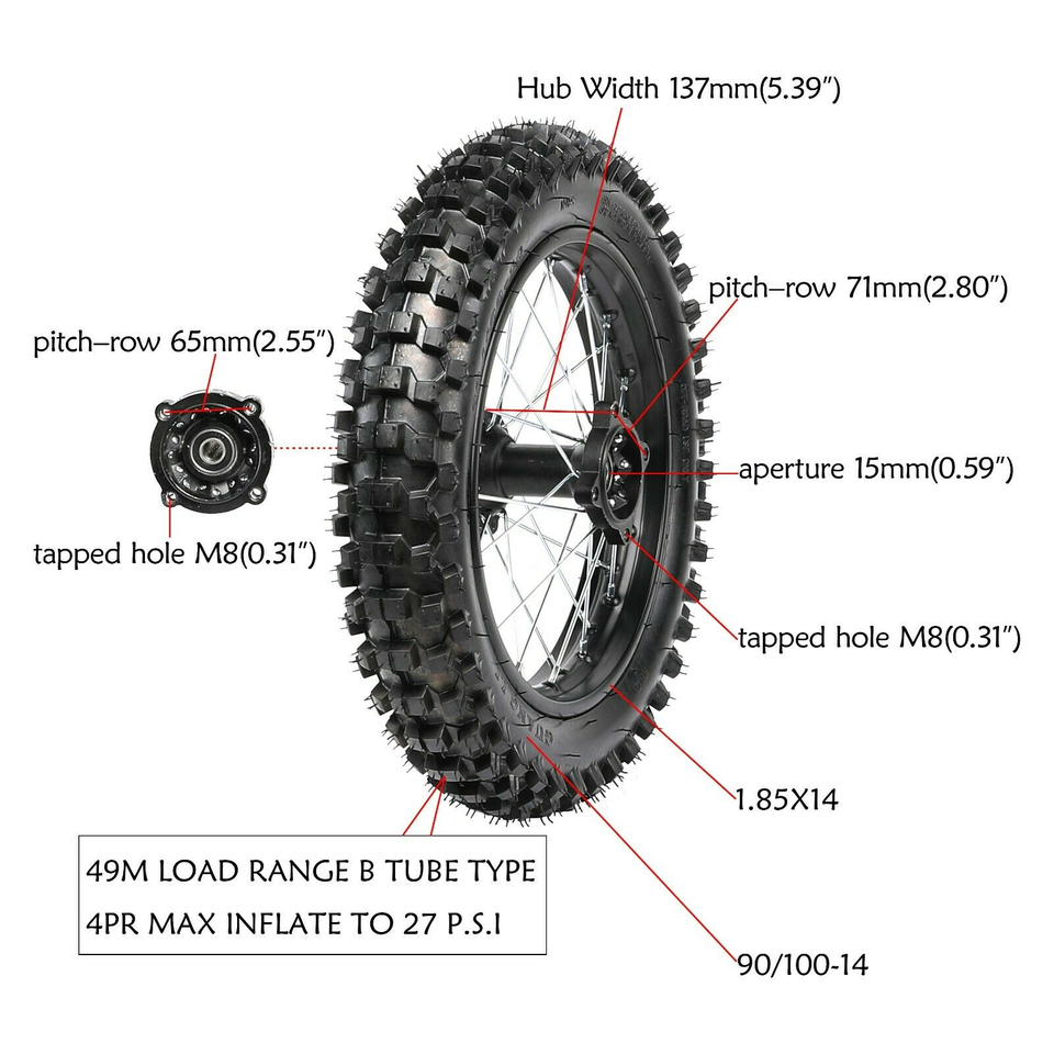 For Dirt Pit Bike Apollo 125cc 140CC 14" Rear Wheel Rim 90/100-14 Tire ...