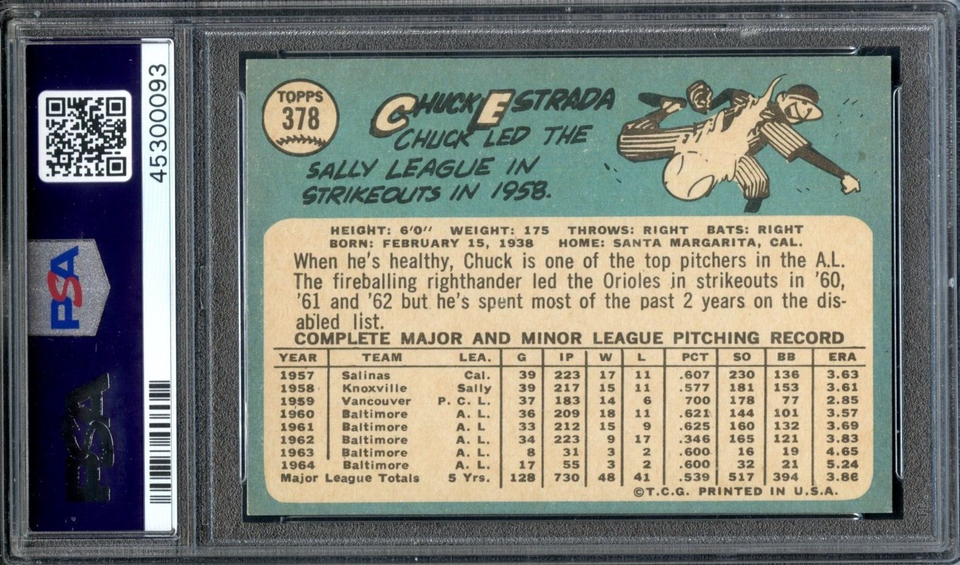 1965 Topps #378 Chuck Estrada PSA 8 Baltimore Orioles 0093 | eBay