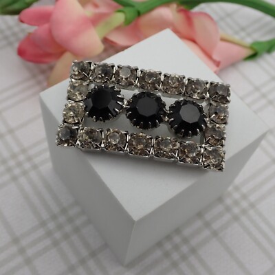 Vintage Black & Smoky Gray Rhinestone Silver Tone Rectangle Bar Pin ...