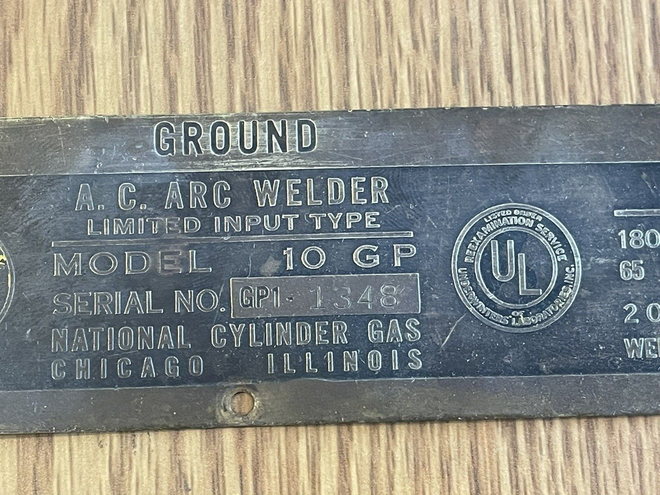 Vintage NATIONAL CYLINDER GAS COMPANY Brass ID Plate /Arc Welder ...