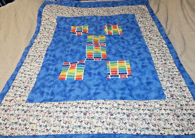 Project Linus Quilt Blue/White/Red/Green Bicycles Chickens Puppy | eBay