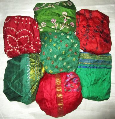 LOT PURE SILK Vintage Sari REMNANT Fabric 7 Pcs 1 ft Red Green Project ...