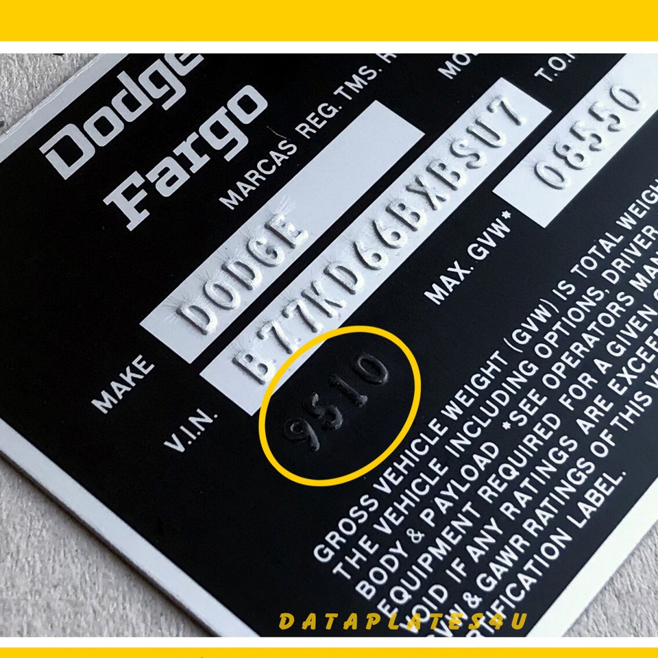 DODGE 1974-1981 DATA TAG A100 D100 D200 W100 W200 W300 POWER WAGON ...