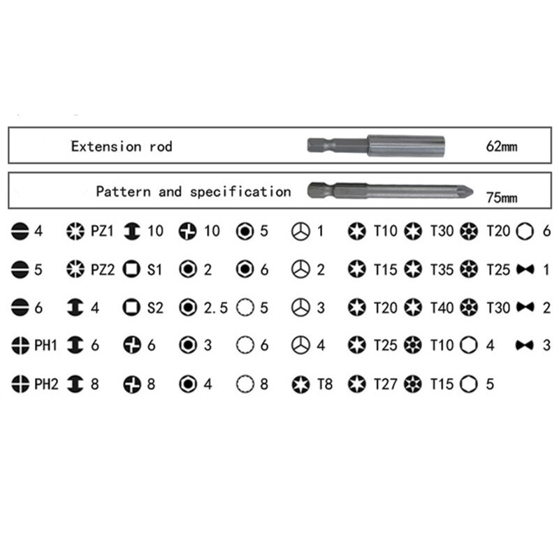 50Pcs Extra Long Security Bits Hex Torx Star Spline Flat Screwdriver ...