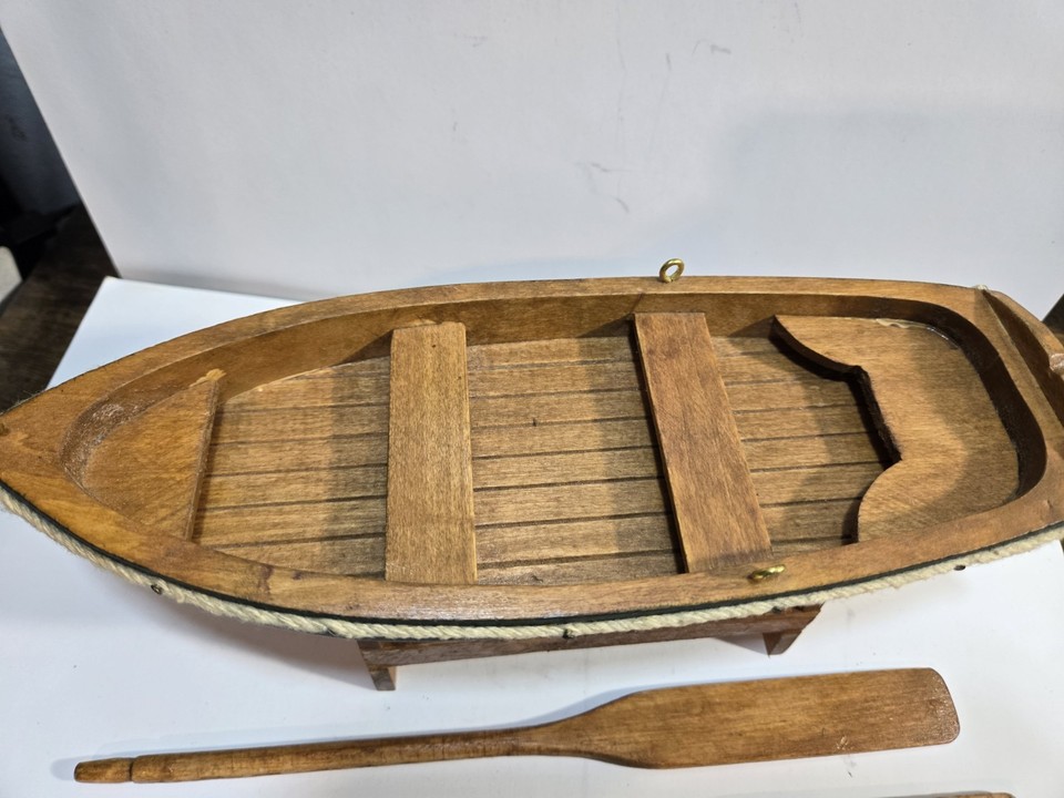 Handcrafted Wooden Rowboat Model with Oars, Vintage Decorative ...