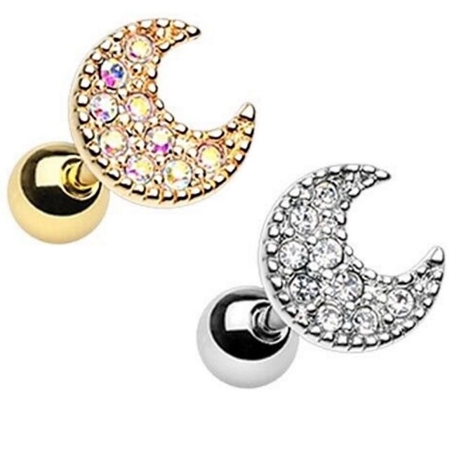 CRESCENT MOON CARTILAGE TRAGUS EAR PIERCING BARBELL STUD JEWELRY (18G 1 ...