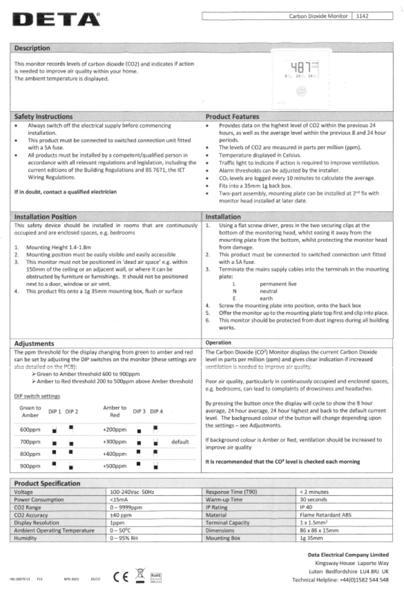 Deta 1142 Carbon Dioxide (CO2) & Temperature Monitor (Mains Powered ...