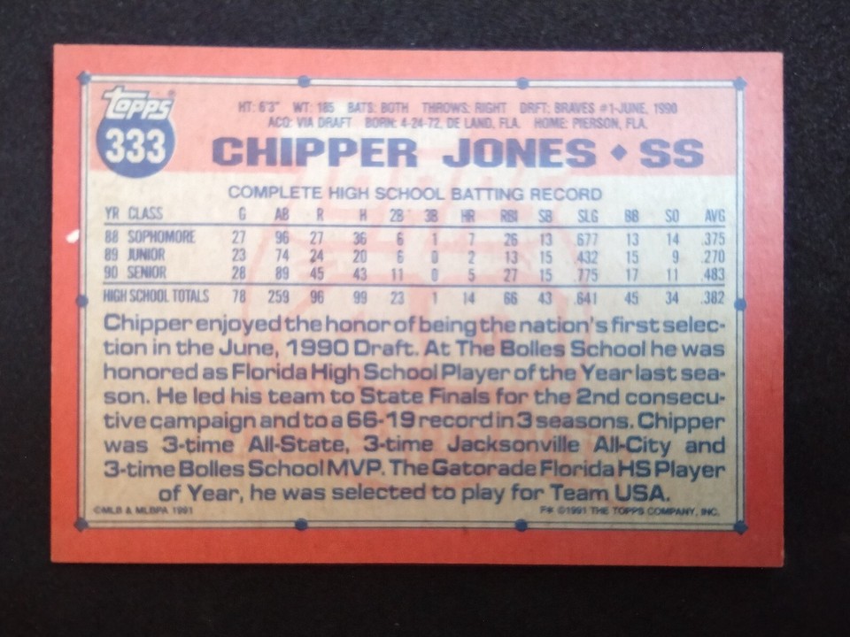 Chipper Jones Rookie Card #1 Draft Pick! Excellent condition. 1991 ...