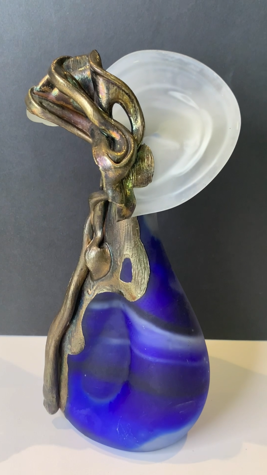 Filip Ravert Signed Scupture ART GLASS Vase Copper Overlay/Cobalt Blue ...