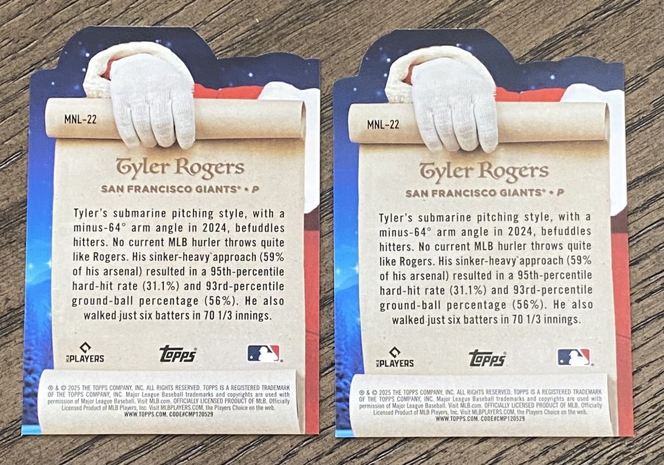 Two 2025 Topps Holiday #MNL-22 Tyler Rogers Making The Nice List Giants ...