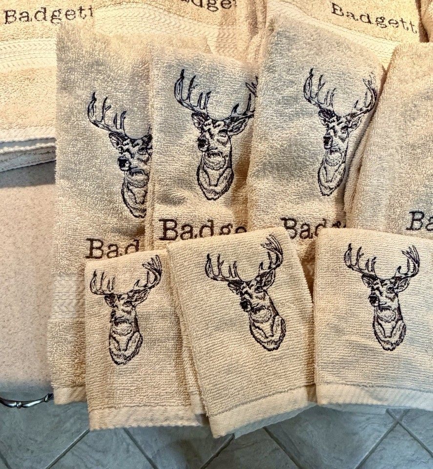 Buck Deer Head Outline Personalized “Badgett” 12 Piece Bath Towel Set ...