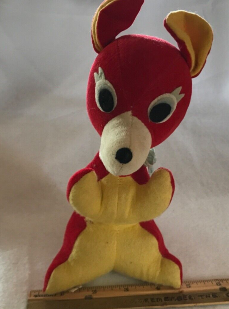 vintage 1960's sawdust filled 9" plush red & yellow dog blue ribbon ...