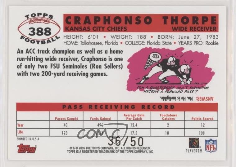 2005 Topps 50th Anniversary Retro /50 Craphonso Thorpe #388 Rookie RC ...