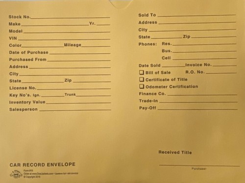 Car Record Envelope #19 Golden Buff Auto Dealer Record Envelope • Qty ...
