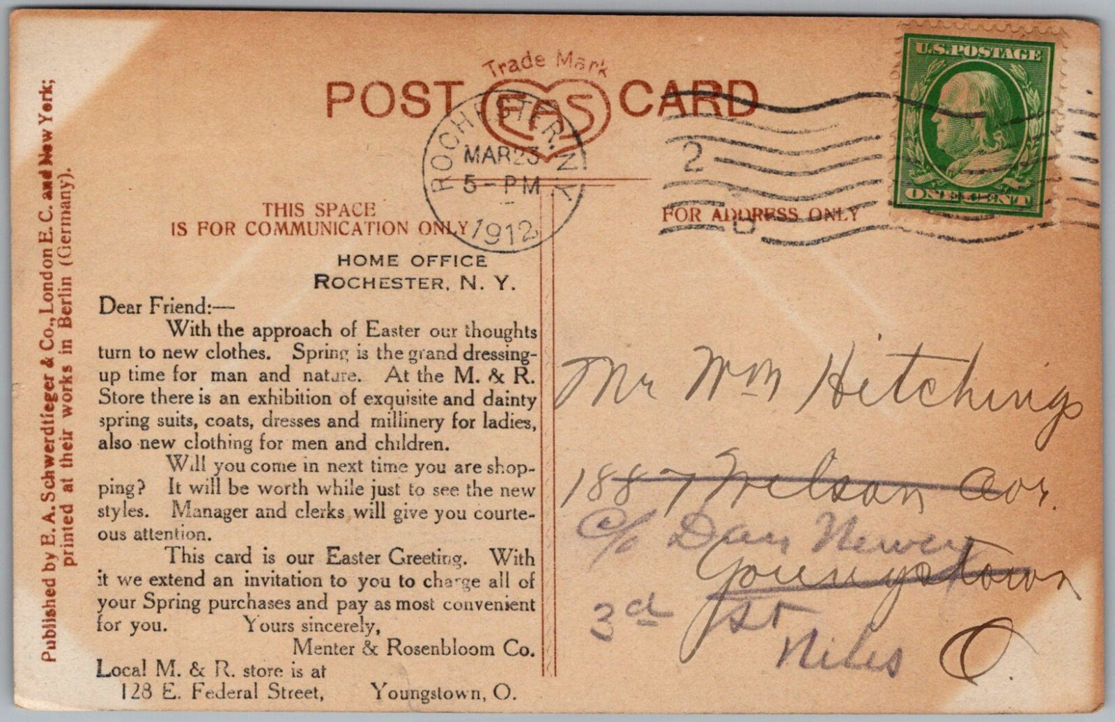 Postcard Menter & Rosenbloom Co. Advertisement; Youngstown, Ohio ...