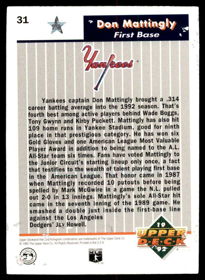 1992 Upper Deck All Star FanFest Don Mattingly Baseball Cards #31 | eBay