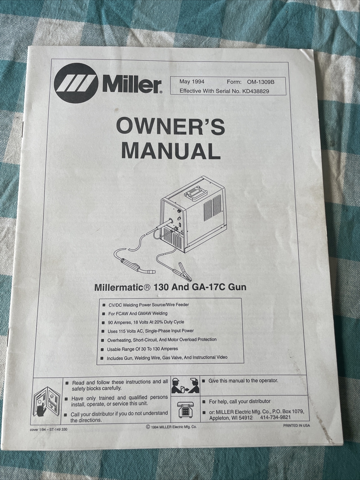 Miller Millermatic 130 Ga-17C Gun Welder Owner's Manual Book Guide Shop ...