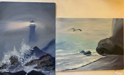 Sharon Mayberry 2 Original Paintings LIGHTHOUSE & OCEAN LANDSCAPE 12 x ...