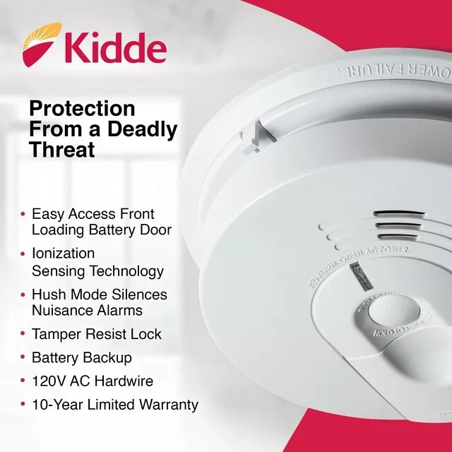 Kidde 21007588 120V AC wire-in Hush Smoke Alarm with Battery Backup - 4 ...
