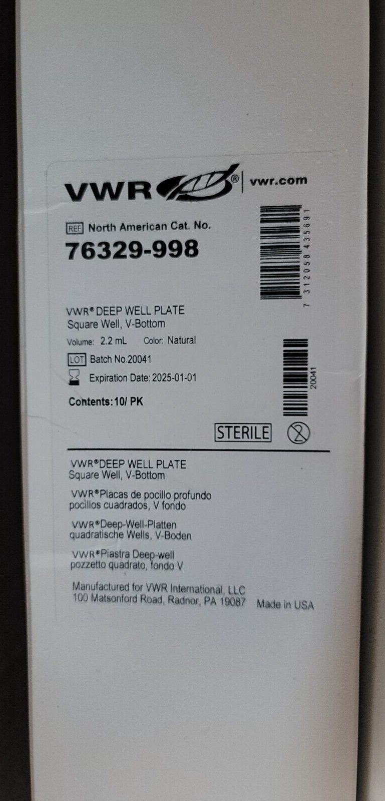 VWR Microplate 96 Square Well V-Bottom 2.2 ml Deep Well 20 Plates 76329 ...