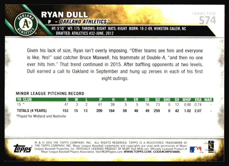 2016 Topps Ryan Dull Rookie #574 Oakland Athletics | eBay
