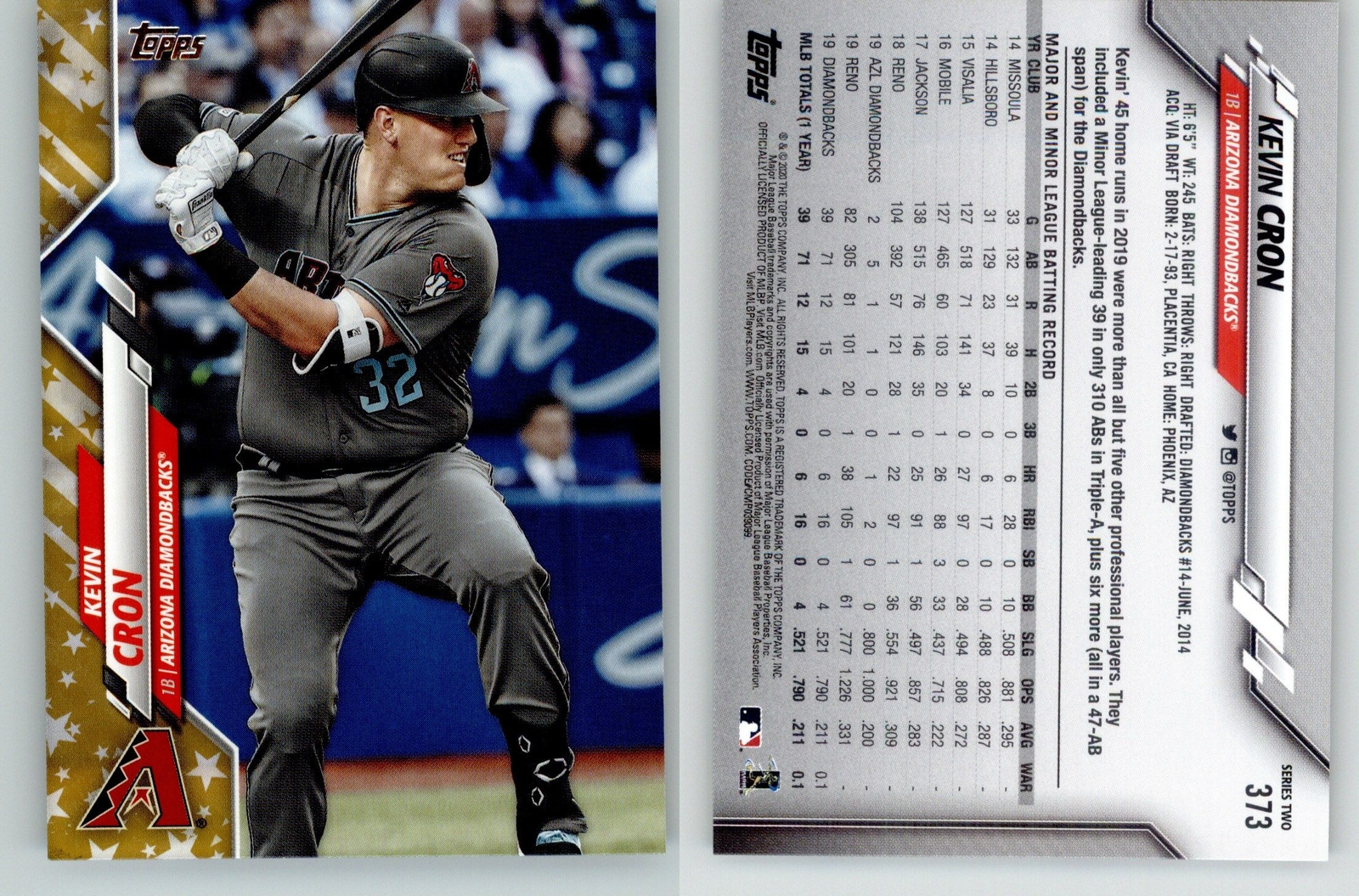 Kevin Cron 2020 Topps Gold Star #373 Arizona Diamondbacks | eBay