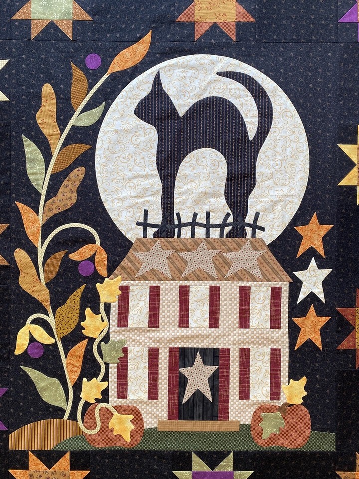 Midnight Silhouette Quilt Top Hand Applique Fall Colors Halloween Black ...