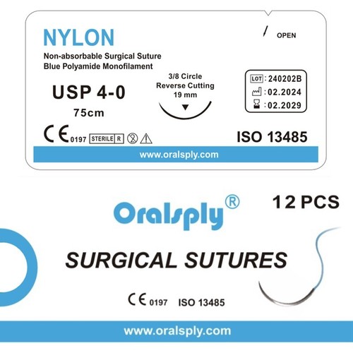 12 Boxes NYLON 4-0 Blue Monofilament Surgical Sutures 3/8 Needle ...